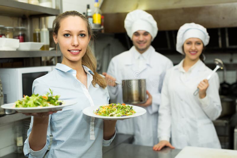 Chefs and Waitress at Kitchen Stock Photo - Image of house, caucasian ...