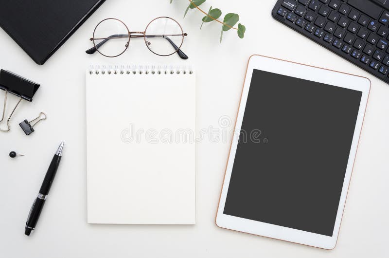 Cheking or Surfing Site and App Concept. Top View Workspace Notepad ...