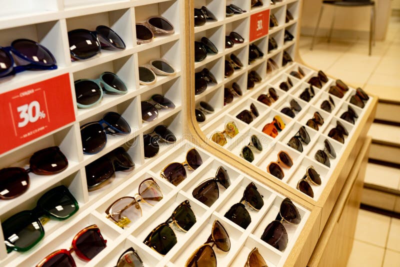 Showcase with Glasses. Samples of Multi-colored Frames for Glasses ...