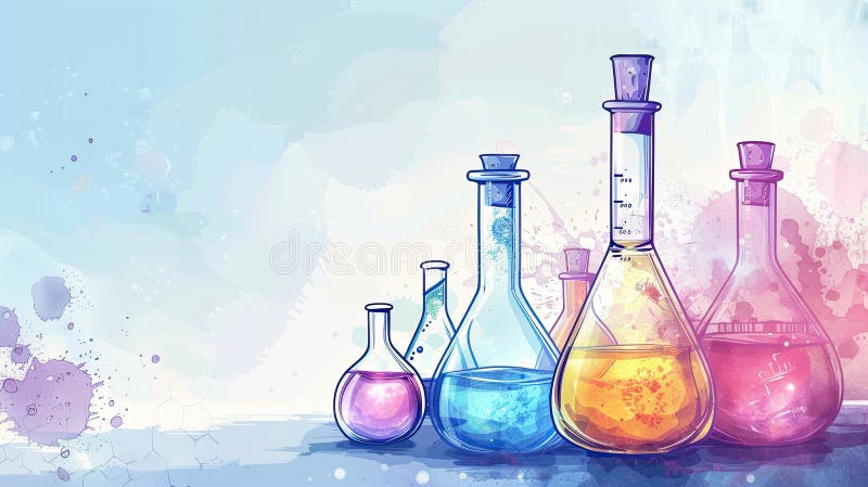 Chemical Background with Various Glass Flasks. for Scientific ...