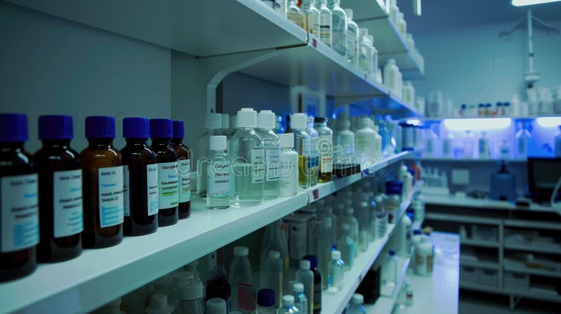 Chemical Bottles and Containers on White Shelves in a Lab Stock Photo ...