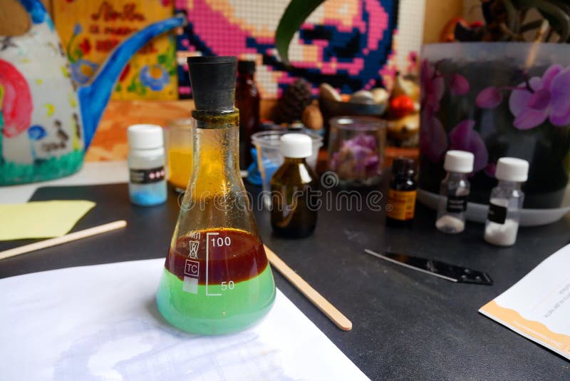 Chemical Flask Close-up. Conducting Chemical Experiments at Home. Stock ...