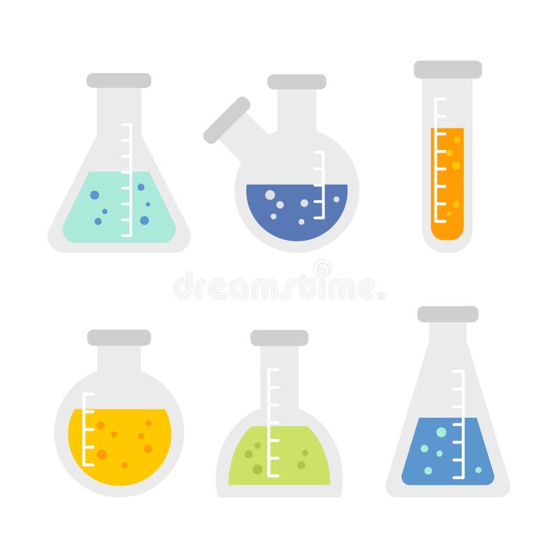 Chemical Flasks Different Shapes with Colored Liquid Set Cartoon Flat ...