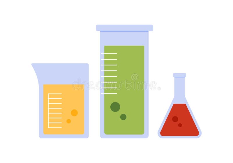 Chemical Flasks of Different Shapes with Yellow, Green and Red Liquid ...