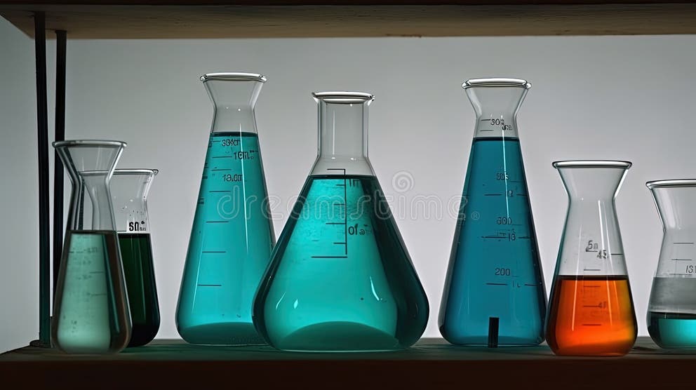 Chemical Flasks on the Shelf. Reagent in Lab, Generative Ai Stock ...