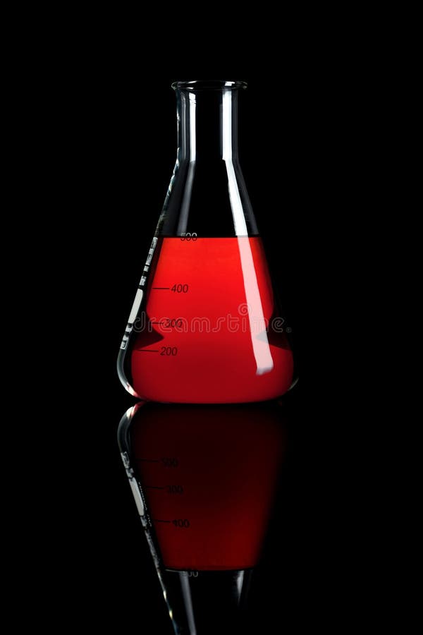 Chemical Glasswork Erlenmeyer with Red Fluid Isolated on a Black ...