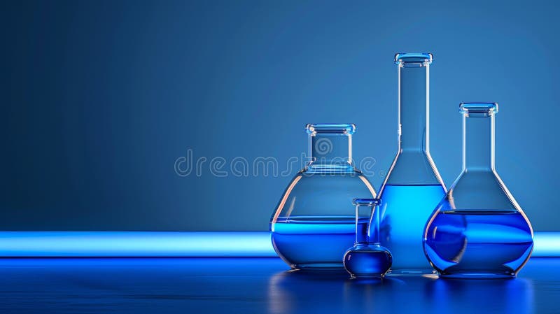 Chemical Lab Setting with Glass Tubes and Flasks Illuminated by Blue ...