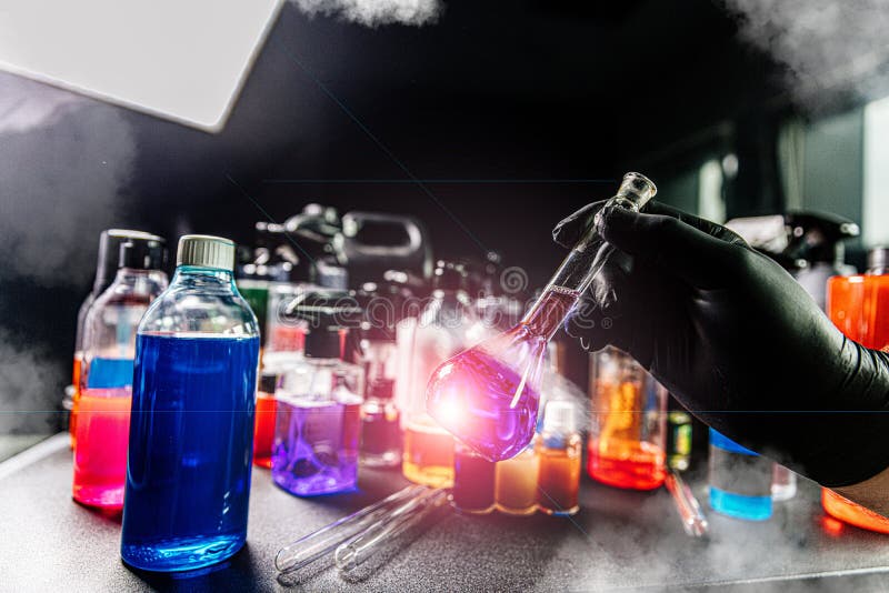 Chemical Laboratory with Bottles with Different Liquids Stock Image ...