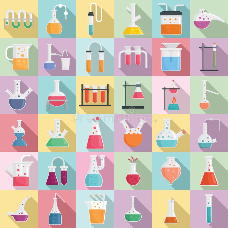 Chemical Laboratory Experiment Icons Set, Flat Style Stock Vector ...