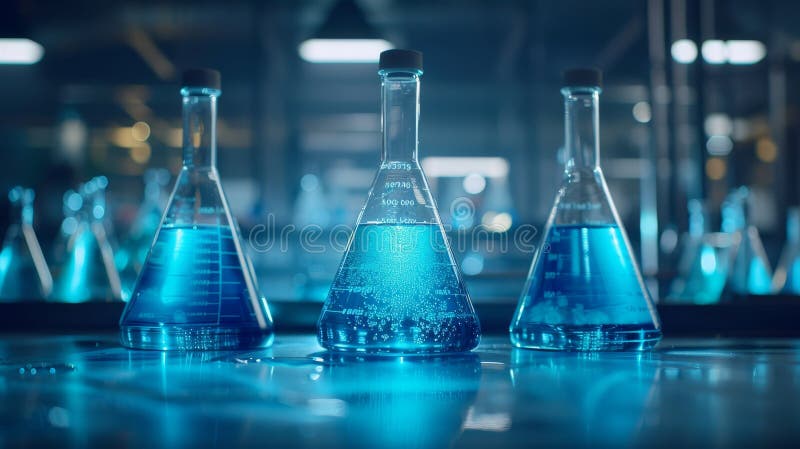 Chemical Laboratory with Glass Test Tubes and Flasks Under Blue ...