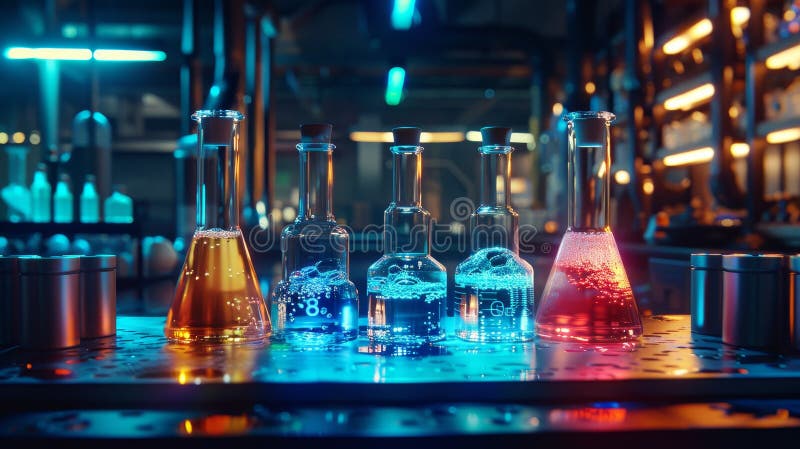 Chemical Laboratory with Glass Tubes and Flasks Under Blue Fluorescent ...