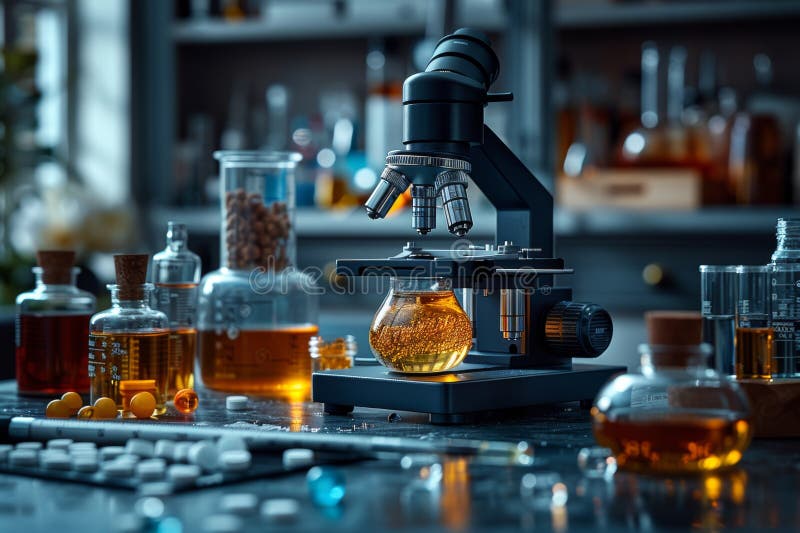 Chemical Laboratory Setup Microscope and Flasks for Organic Chemistry ...