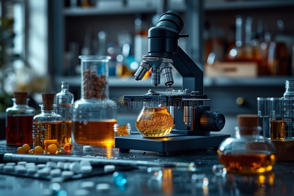 Chemical Laboratory Setup Microscope and Flasks for Organic Chemistry ...