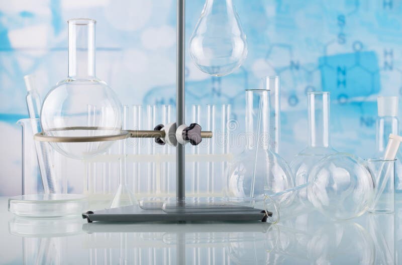 Chemical Laboratory. Various Utensils for Experiments, Bottles and ...