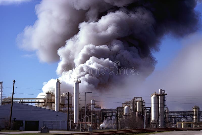 Chemical Plant, with Smoke and Fire Billowing from the Stacks, during ...