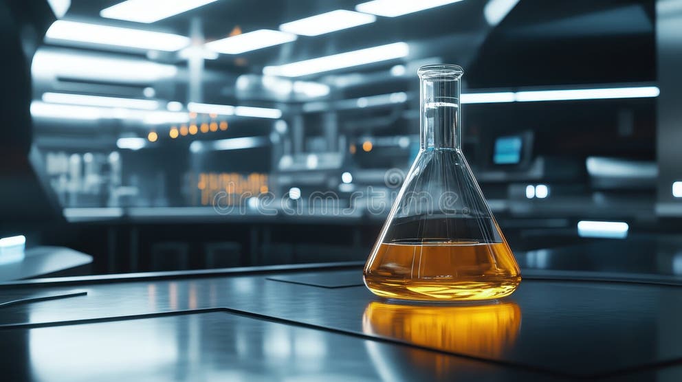 Chemical Solution in Laboratory Flask on Modern Workbench Surface Stock ...