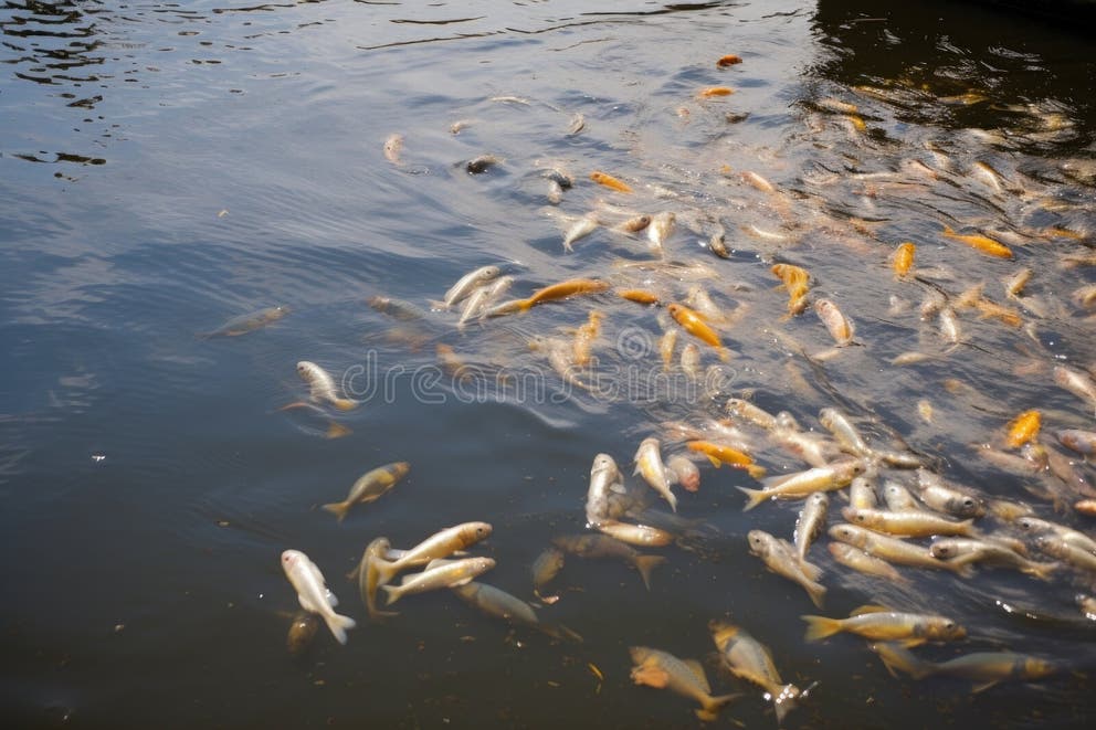 Chemical Spill in River, with Dead Fish Floating on the Surface Stock ...