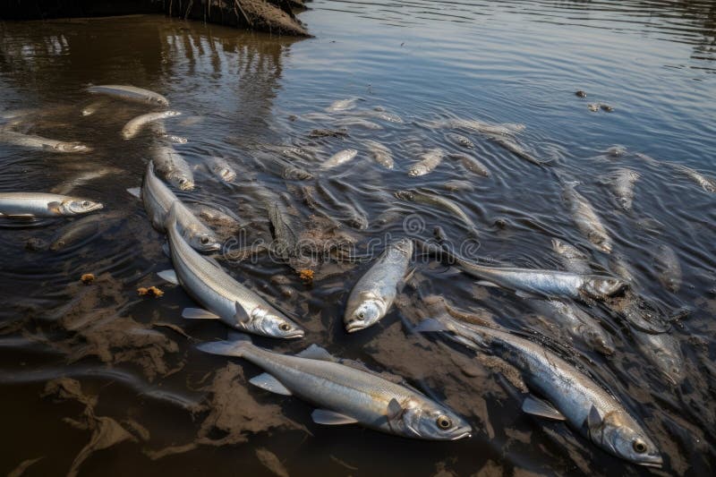 Chemical Spill in River, with Dead Fish Floating on the Surface Stock ...