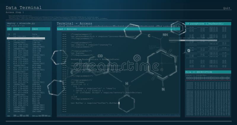Chemical Structures Floating Over Digital Interface with Data Processing Against Blue Background ...
