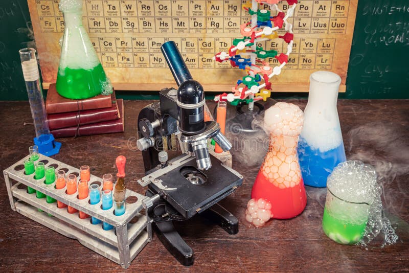Chemical Tests in Academic Laboratory with Microscope Stock Image ...