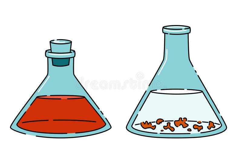 Chemical Triangular Glass Flasks of Different Forms Liquids. Chemical ...