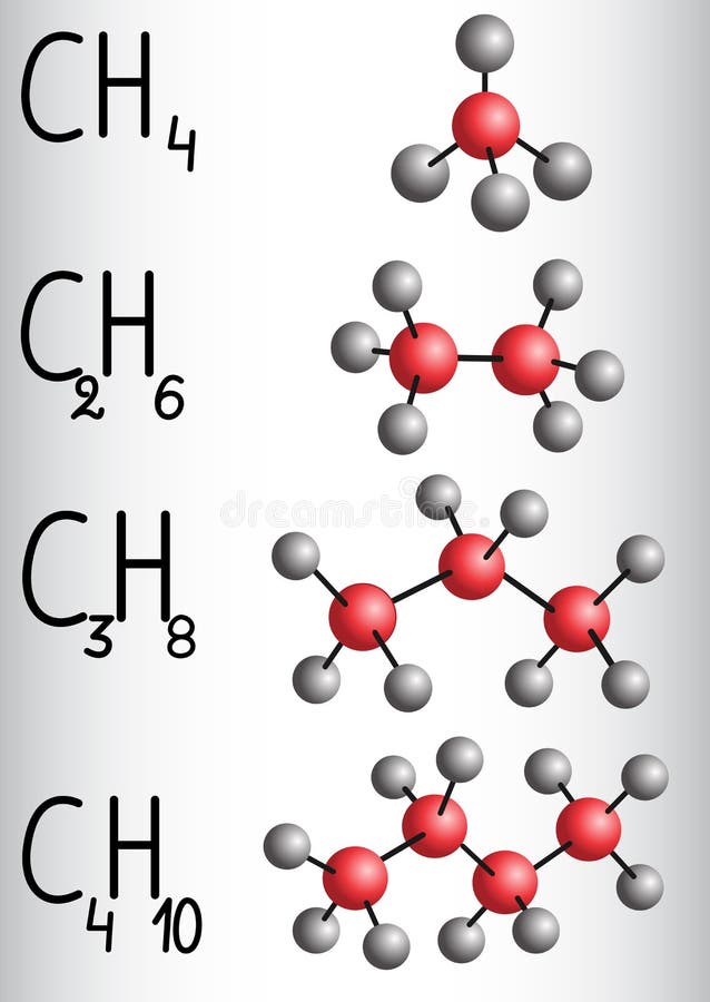 Methaan, Ethaan, Propaan Chemische Formules En Moleculemodellen Vector ...