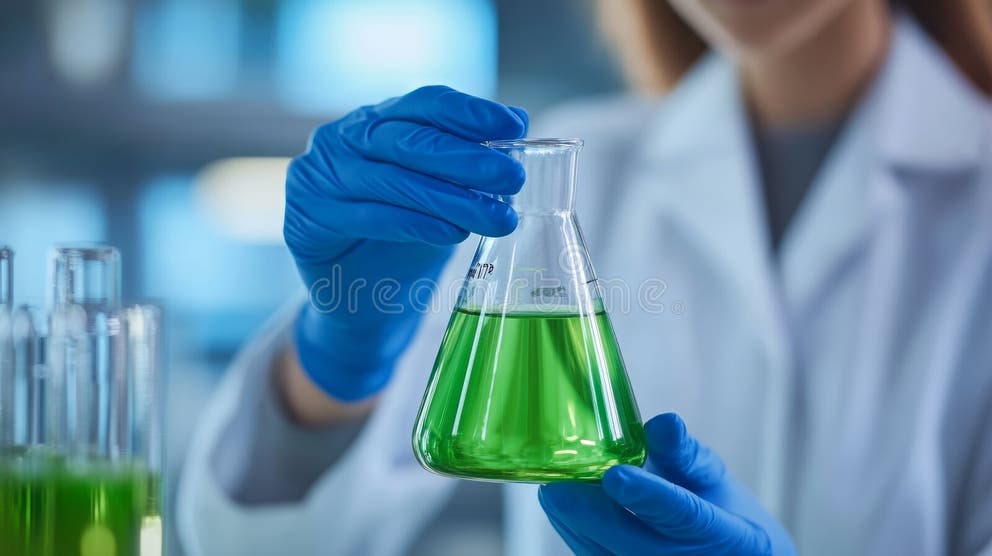 Chemist Displaying a Beaker Filled with Vibrant Green Solution for ...
