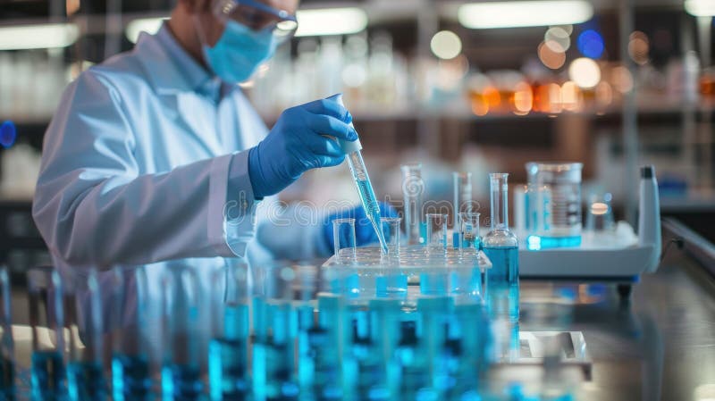 A Chemist in a Lab Coat, Examining Test Tubes and Mixing Solutions ...