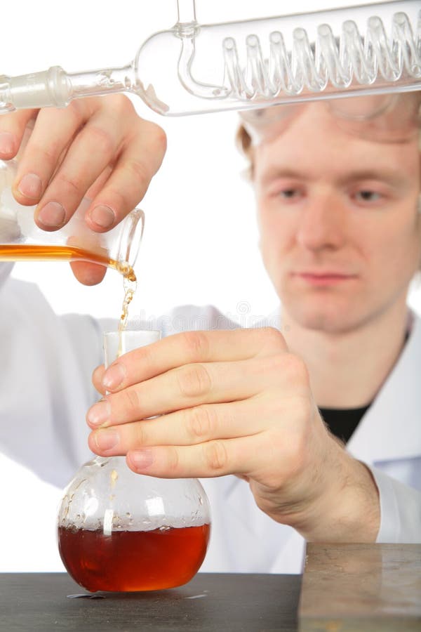 Chemist Pours Brown Liquid in Flask Stock Photo - Image of concentrate ...
