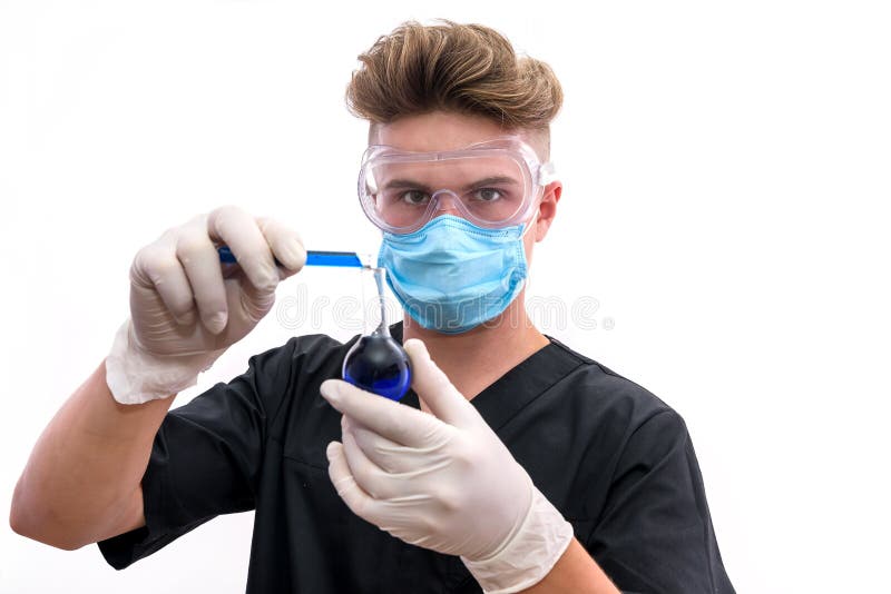 Chemist in Protective Uniform Holding Flask and Test Tube with Minerals ...