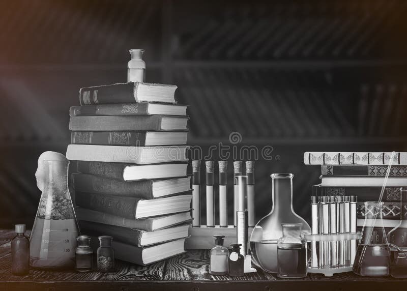 Chemist S Workplace with Old Books and Laboratory Glassware, Vintage ...