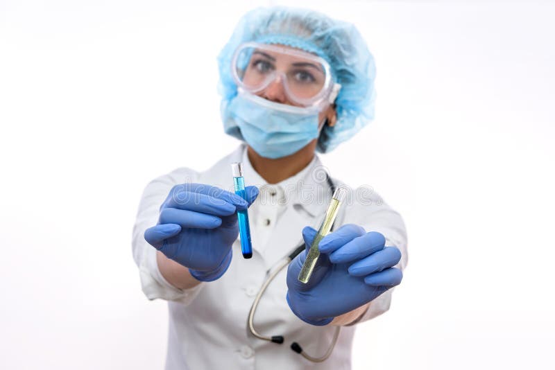 Chemist Working in Lab. Beautiful Woman with Test Tubes Wearing ...