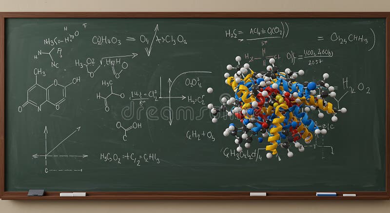 Chemistry Equations and 3D Molecular Model on a Blackboard Stock ...