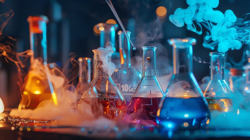 Chemistry Experiment with Colorful Bubbling Liquid and Smoke in Beakers ...