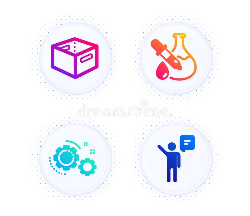 Chemistry Experiment, Gears and Office Box Icons Set. Agent Sign ...
