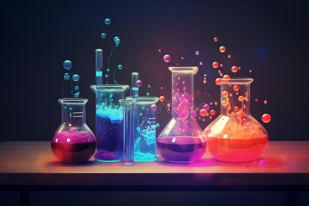 Chemistry Experiment in the Lab, Multiple Potions and Chemicals Lined ...