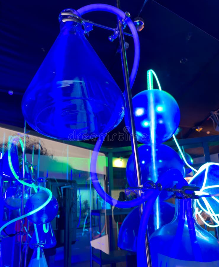 Chemistry Flasks in Blue Light Stock Photo - Image of science ...