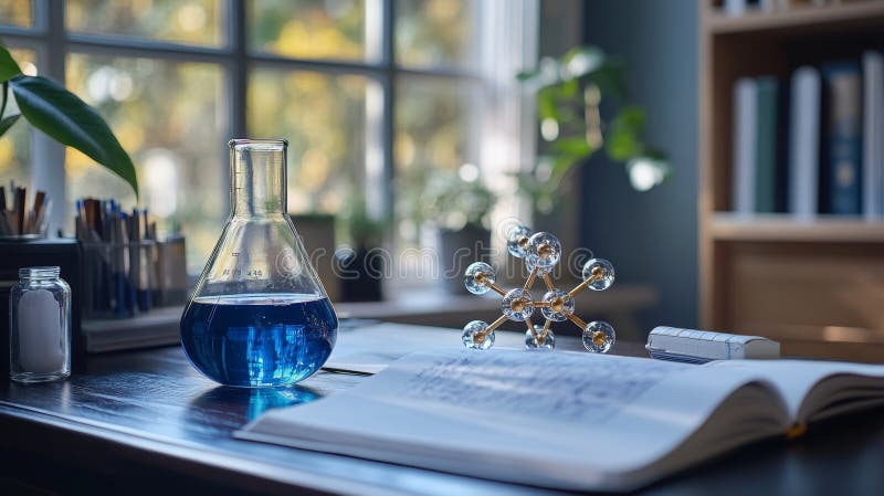 Chemistry Lab Desk with Flask and Molecular Model in Natural Daylight ...