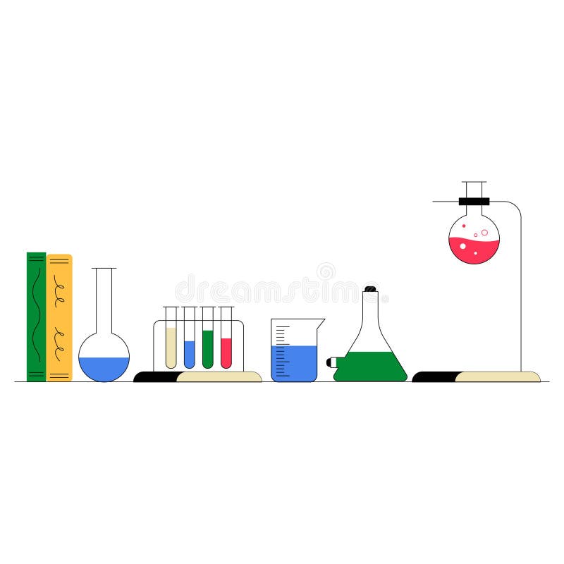 Chemistry Lab Equipment with Books in Flat Vector Illustration ...