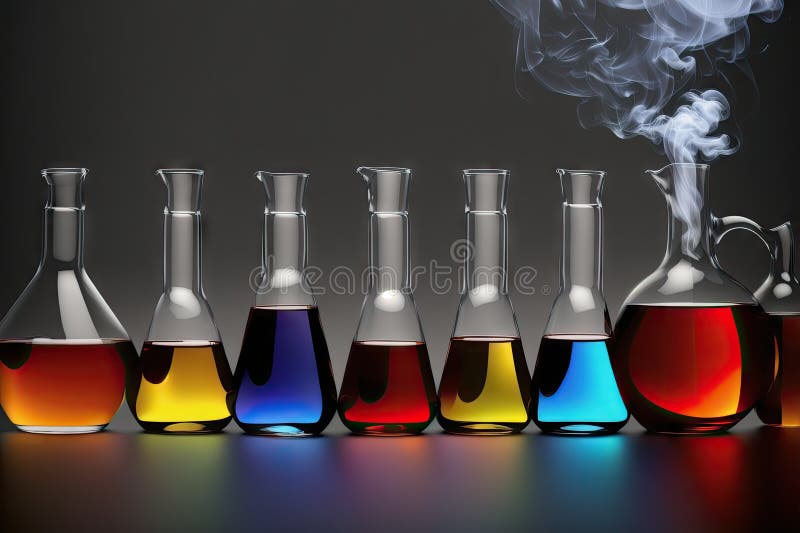 Chemistry Lab Equipment, Science Experiments, a Group of Flasks Filled ...