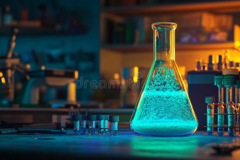 In a Chemistry Lab, a Flask with Blue Liquid, Accompanied by Modern ...
