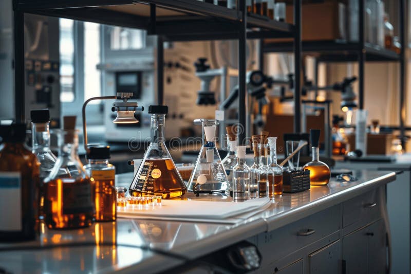 Chemistry Lab Flasks on a Lab Bench Stock Illustration - Illustration ...