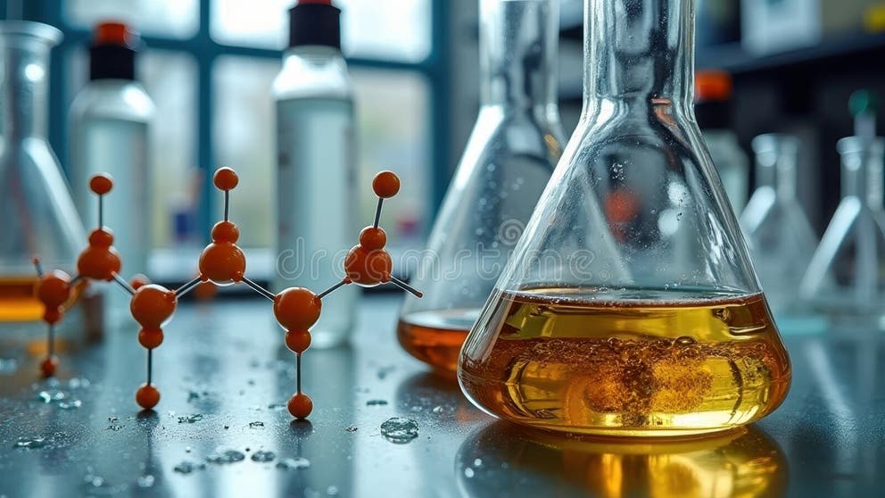 Chemistry Lab with Molecular Model and Liquid-filled Flasks on a Wet ...