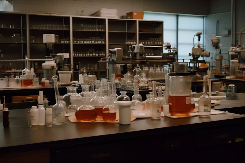 A Chemistry Lab with Various Equipment, Such As Test Tubes, Flasks, and ...