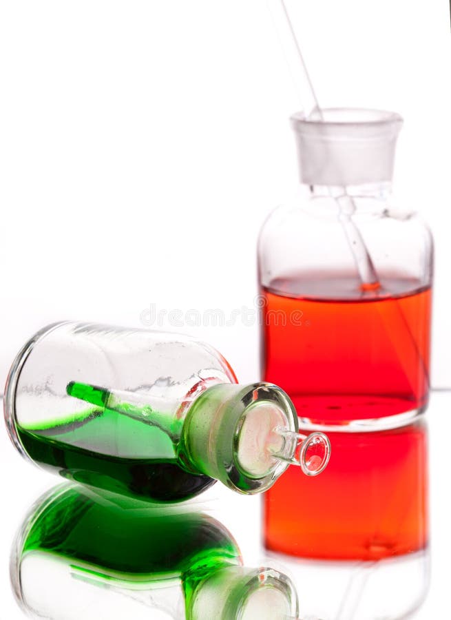 Chemistry Laboratory Glassware with Colour Liquids on White Back Stock ...