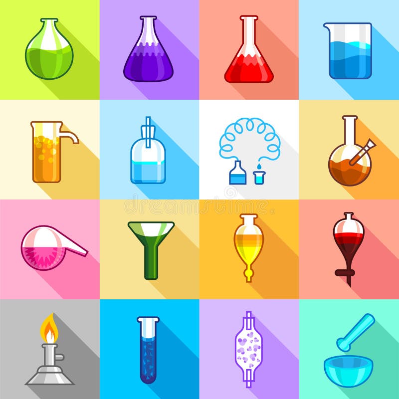 Chemistry Laboratory Icons Set, Flat Style Stock Vector - Illustration ...
