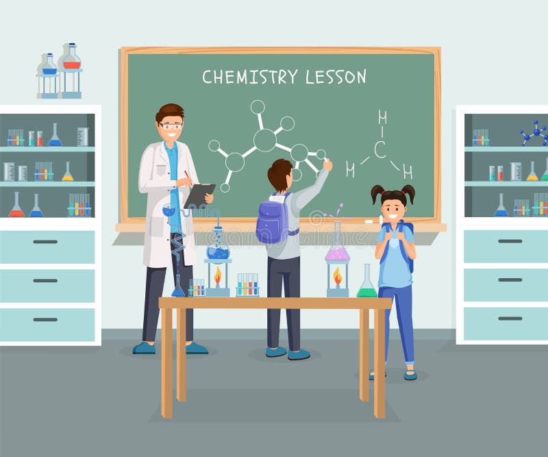 Chemistry Cartoon Icons Set. Chalkboard With Elements, Formulas, Atom ...