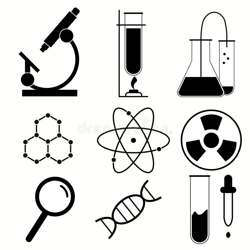 Chemistry and Science Black Vector Icon Set. Test Tubes, Microscope ...