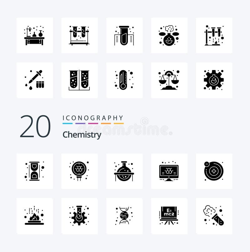 20 Chemistry Solid Glyph Icon Pack Like Atoms Monitor Search Info Study Stock Vector ...