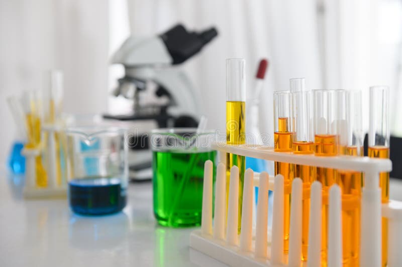 Chemistry Test Tubes on the Table with Colorful Liquids Stock Photo ...